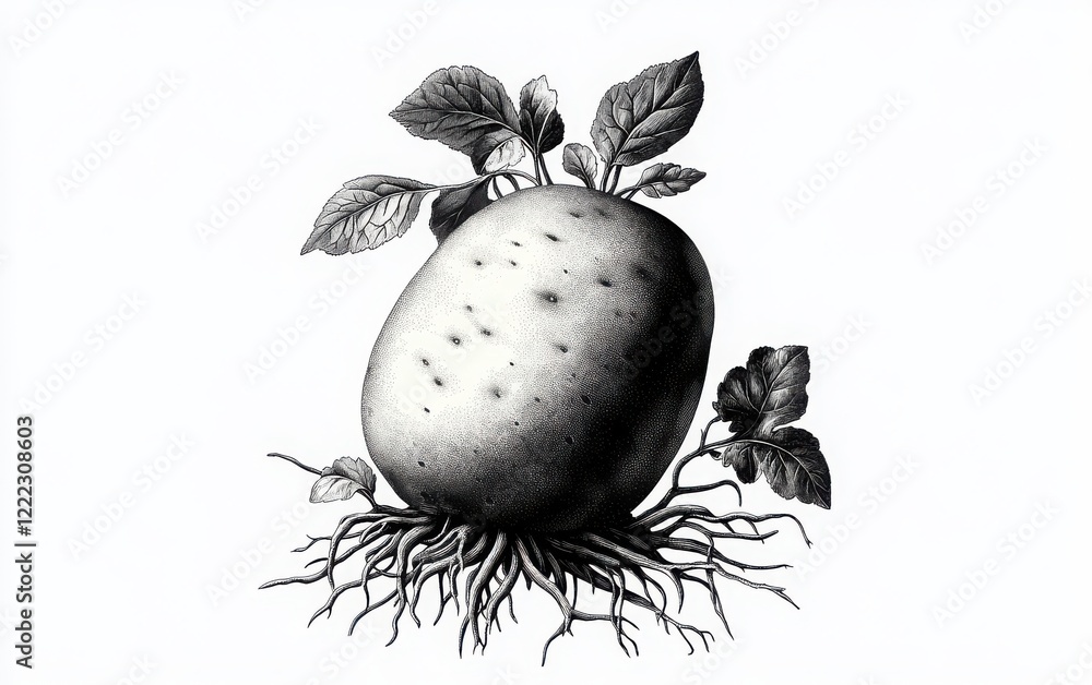 A monochrome vector illustration of a single potato with roots emerging ...