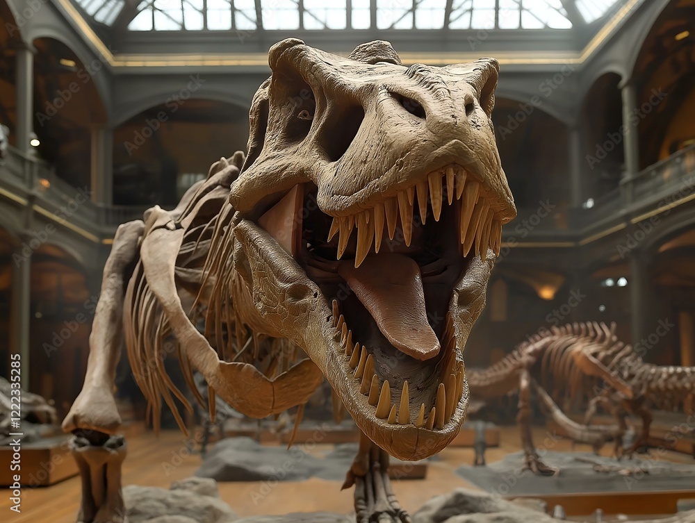 tyrannosaurus rex skeleton in museum, dramatic lighting, large bones ...