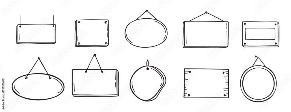 Empty door tag doodle hand drawn icon set. Shop door badge hanging ...