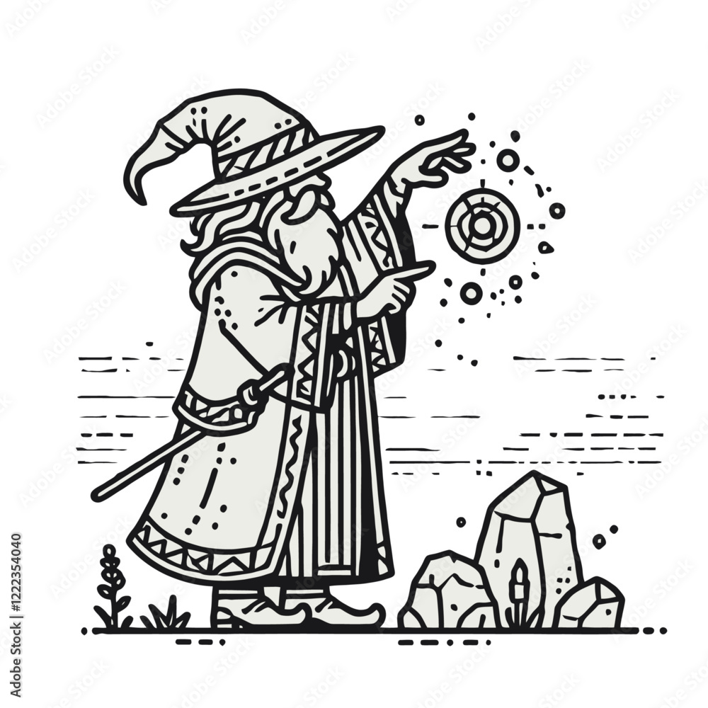 Vector de Stock Black and white drawing of a wise old wizard casting a ...