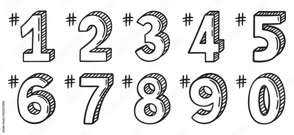place numbers doodle hand drawn icon set. Outline drawing number 1, 2 ...
