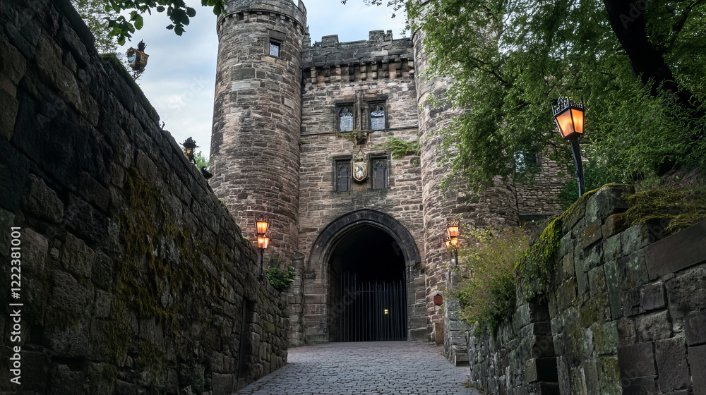 Medieval castle gate at night, palace entry exterior with arched door ...