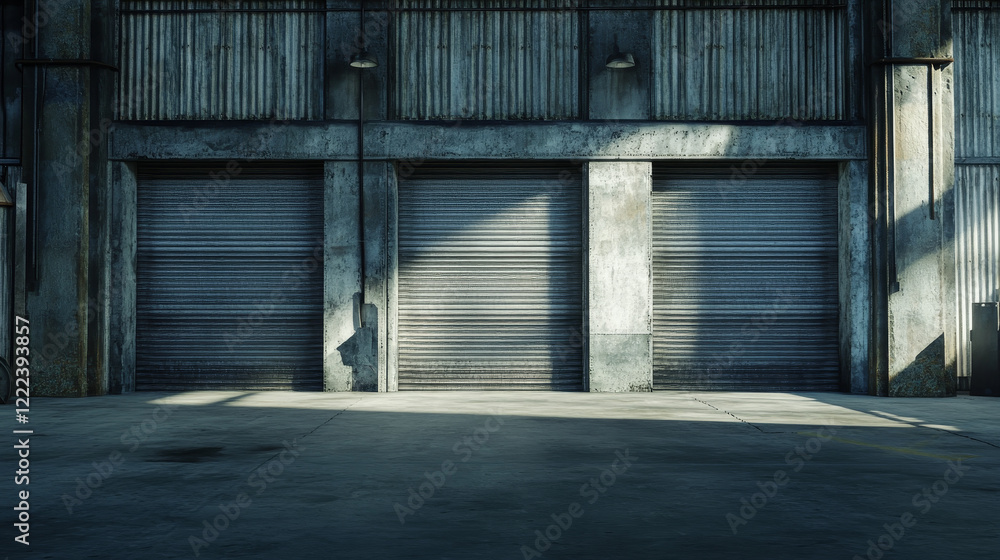 Warehouse interior with closed gates. Vector realistic illustration of ...