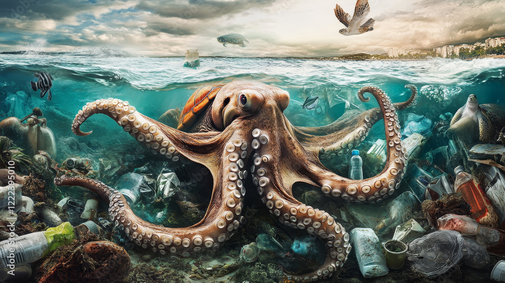 Save ocean cartoon poster with underwater animals and trash in sea ...