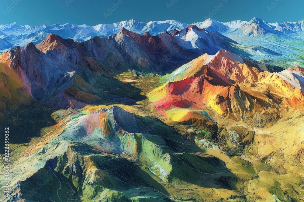 a vibrant 3d terrain visualization showing dramatic elevation changes ...