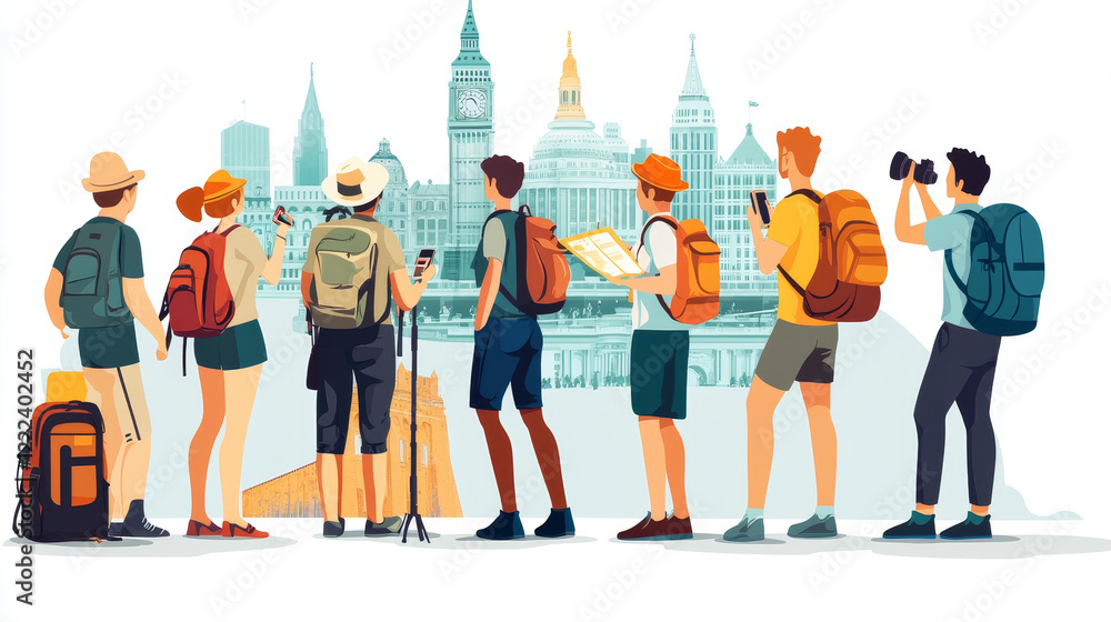 Tourists travel, excursion with guide. People group with backpacks, map ...