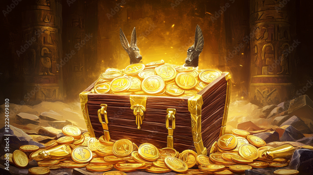 Ancient Egyptian treasure chest and gold coins. Game icons of closed ...