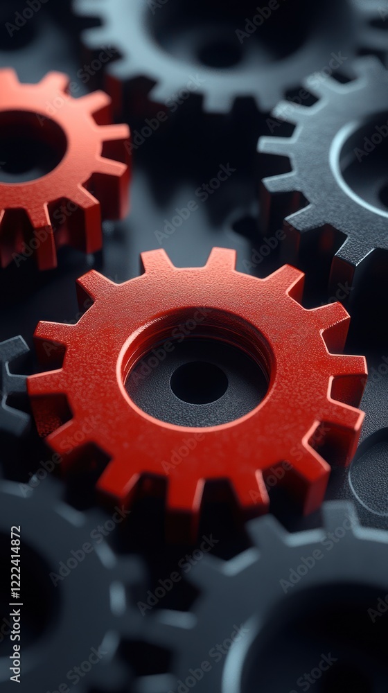 two meshing gears, one deep red and the other matte black, turning in ...
