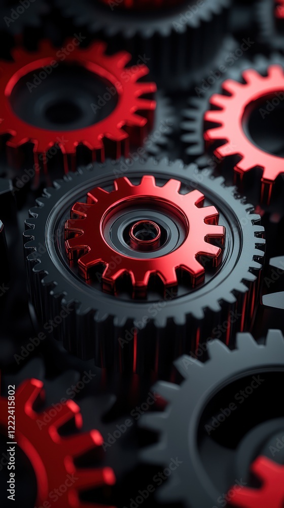 two meshing gears, one deep red and the other matte black, turning in ...