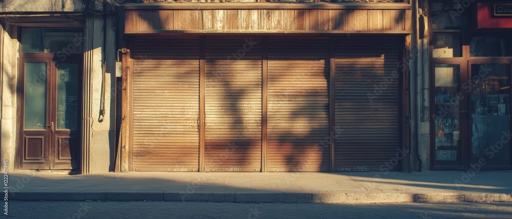 Closed wooden shutters bask in warm afternoon light, their textures and ...