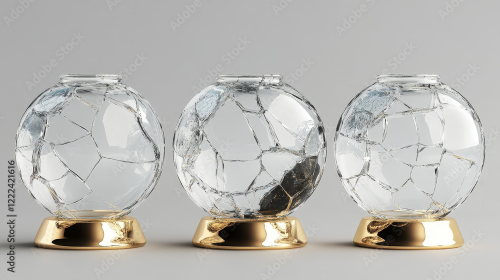 Broken glass domes on metal, gold and silver podium. Vector realistic ...
