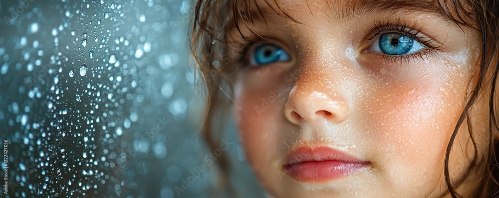 Captivating Portrait of a Child Gazing Out Rain Streaked Window with ...