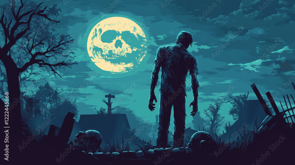 Zombie banner with scary monster, green undead character. Vector ...