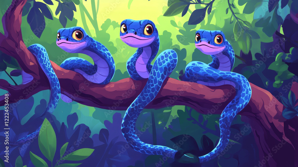 Snake on tree branch for jungle landscape or game ui design. Vector ...