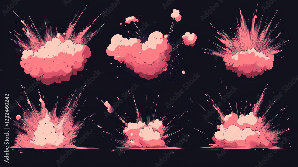 Pink burst sprites for game or animation. Vector storyboard of cartoon ...