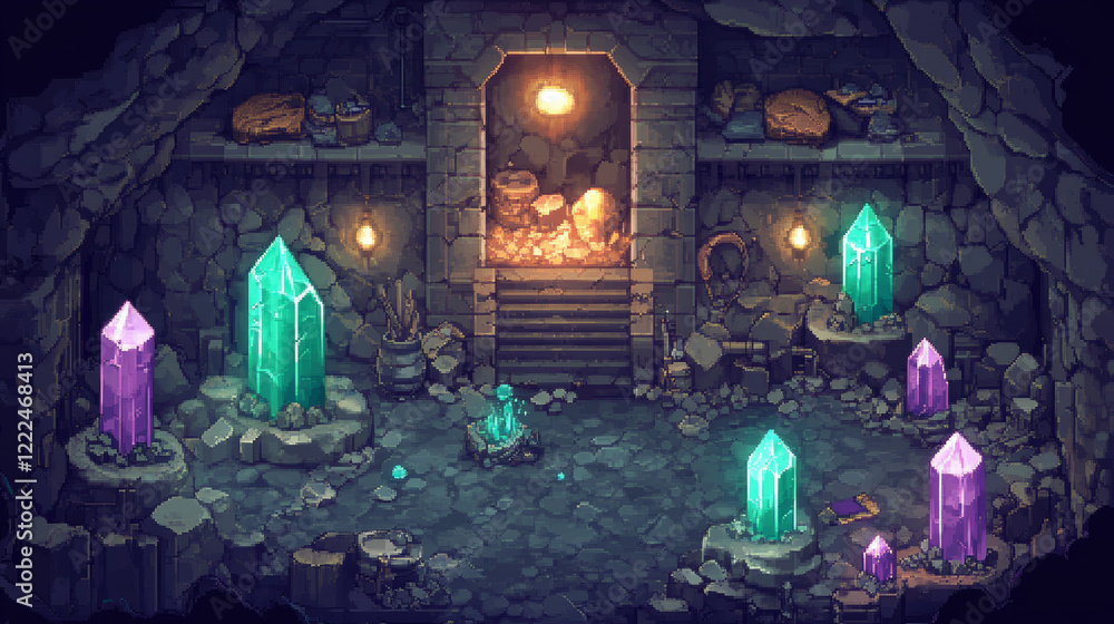 Game underground mine cave with crystal treasure illustration. Fantasy ...