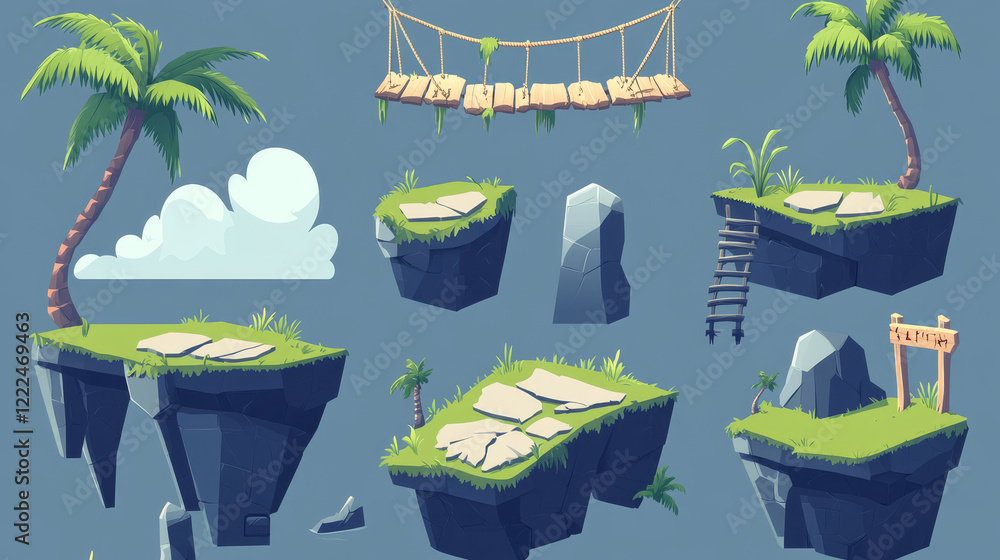 Game level map ui design asset kit - floating ground platform with green grass and stones ...