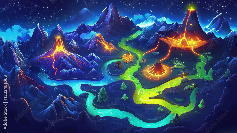 Volcano island map for game level navigation. Vector cartoon ...