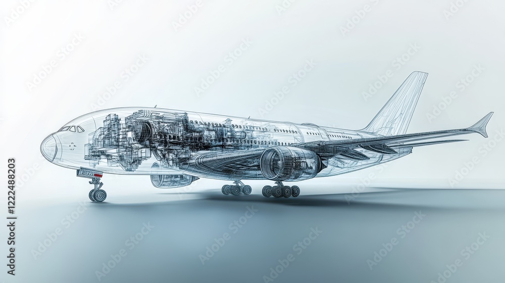 Detailed Transparent Wireframe Rendering of a Modern Wide-Body Airplane ...