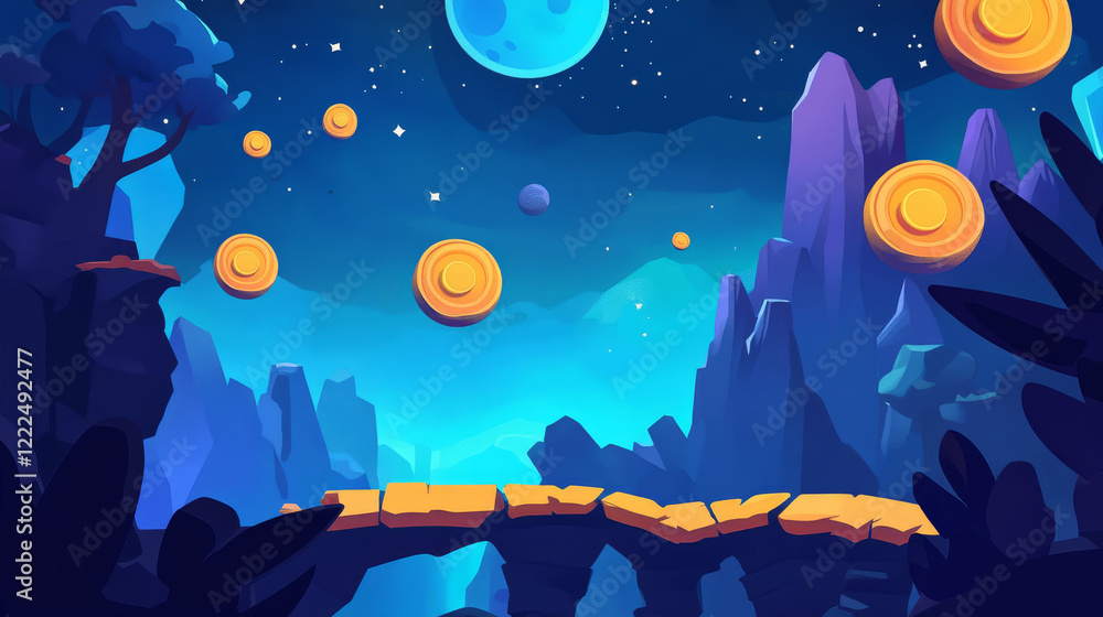 Space game level background with platforms and flying spaceship. Vector ...