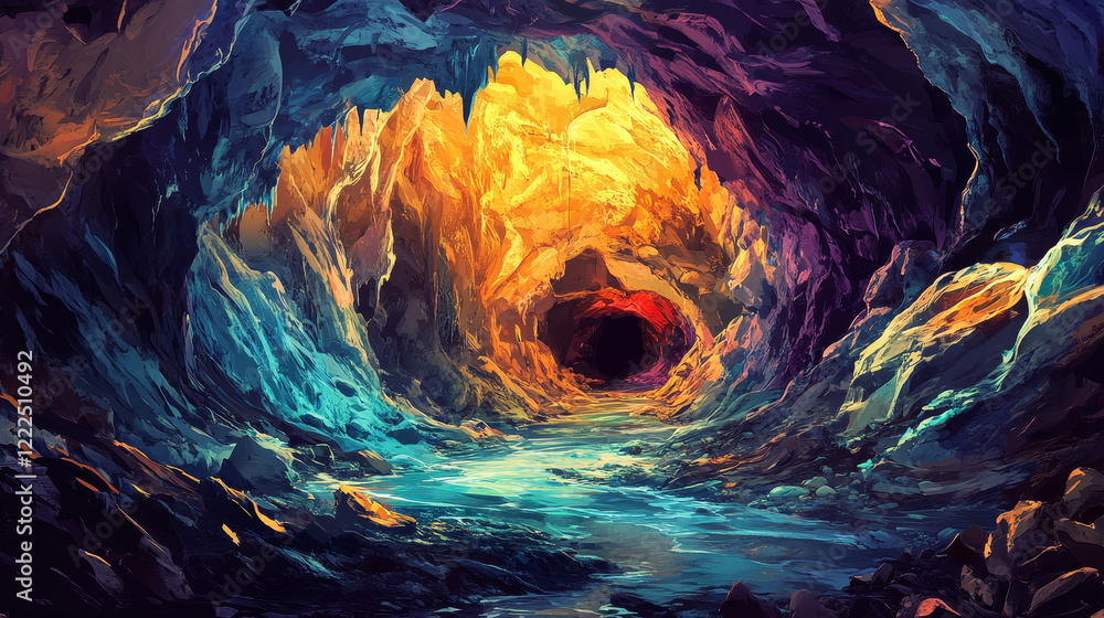 Dark toxic cave cartoon game background. Fantasy underground landscape ...