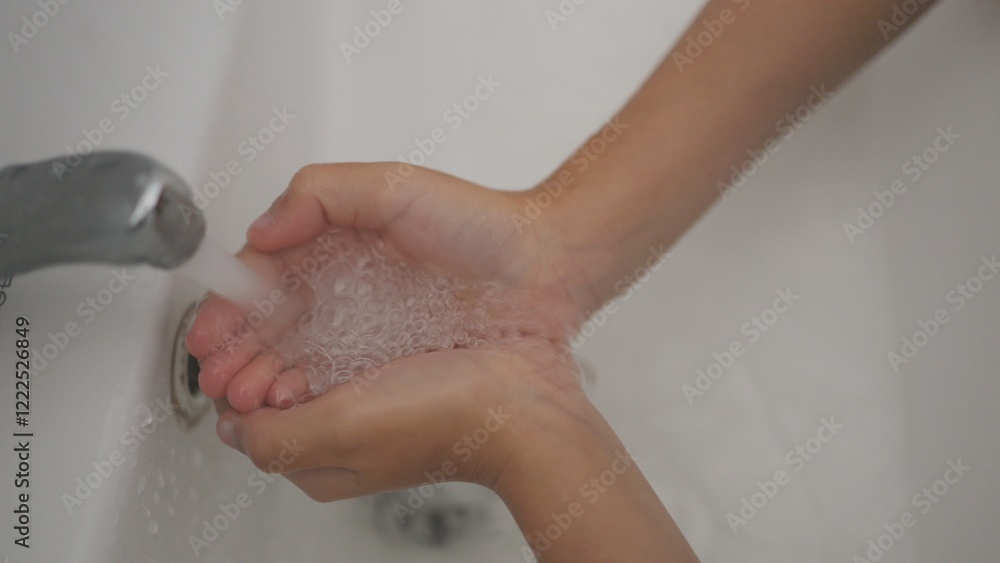 Little girl washing hands with water and soap in the bathroom. Happy ...
