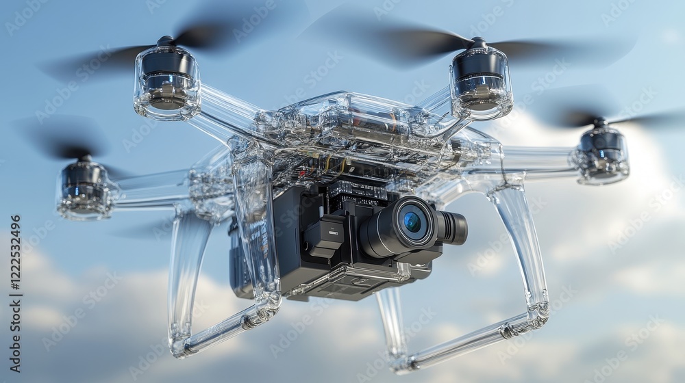 Transparent Drone in Flight with Visible Internal Components and ...