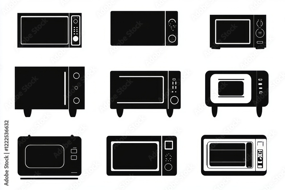 Collection of Silhouettes of Modern Microwaves and Ovens. Stylish and ...