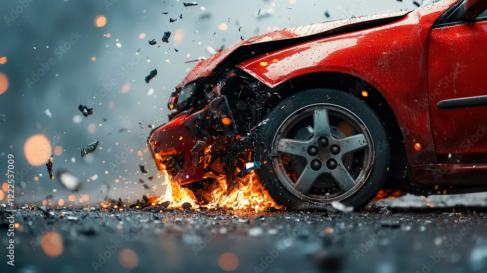 red car severely damaged in accident, with sparks and debris flying ...