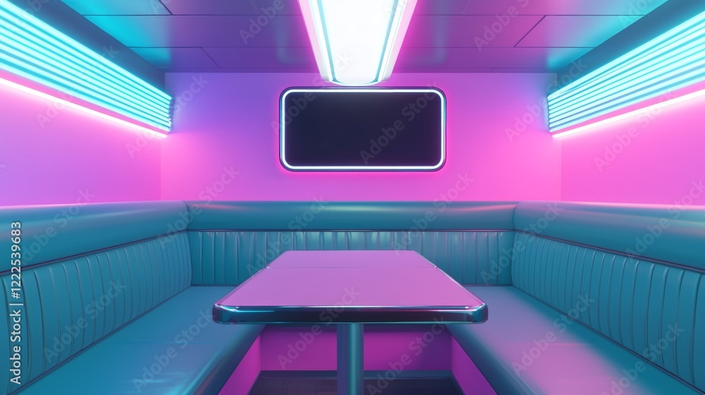 Retro Futuristic Diner Booth with Touchscreen Table and Neon Signage in ...