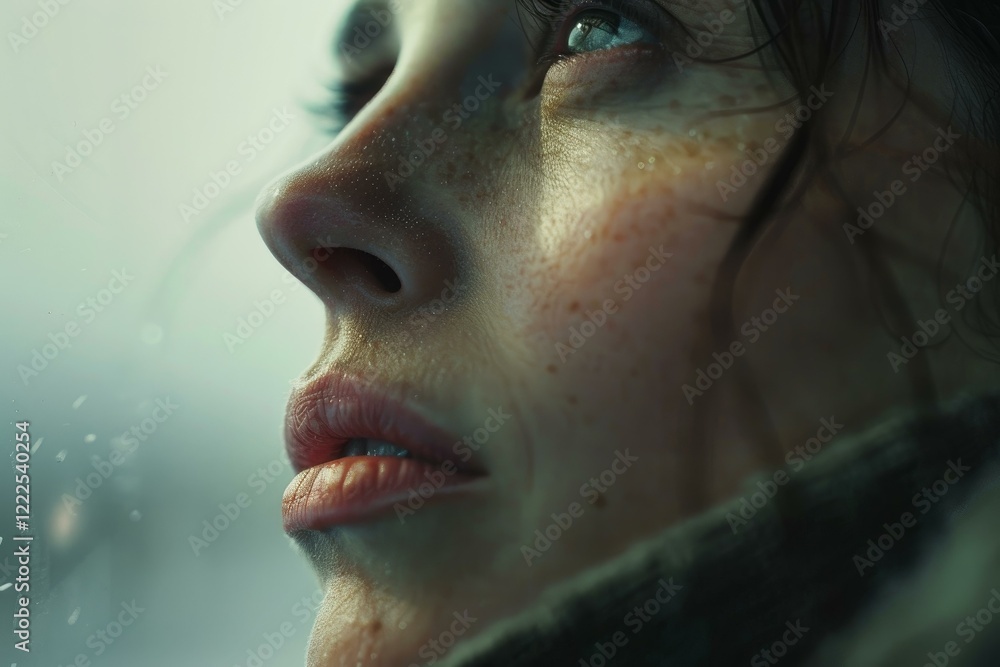 Close up of woman breathing in polluted air with dust particles ...