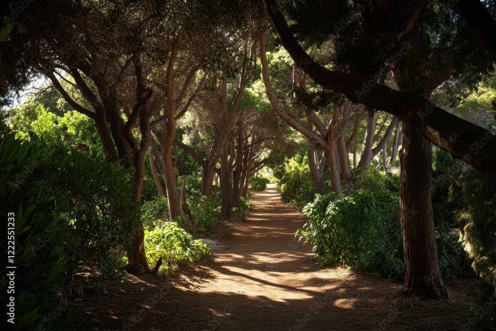 Sun-Dappled Pathway Through a Lush Tree-Lined Forest, Nature's Tranquil ...