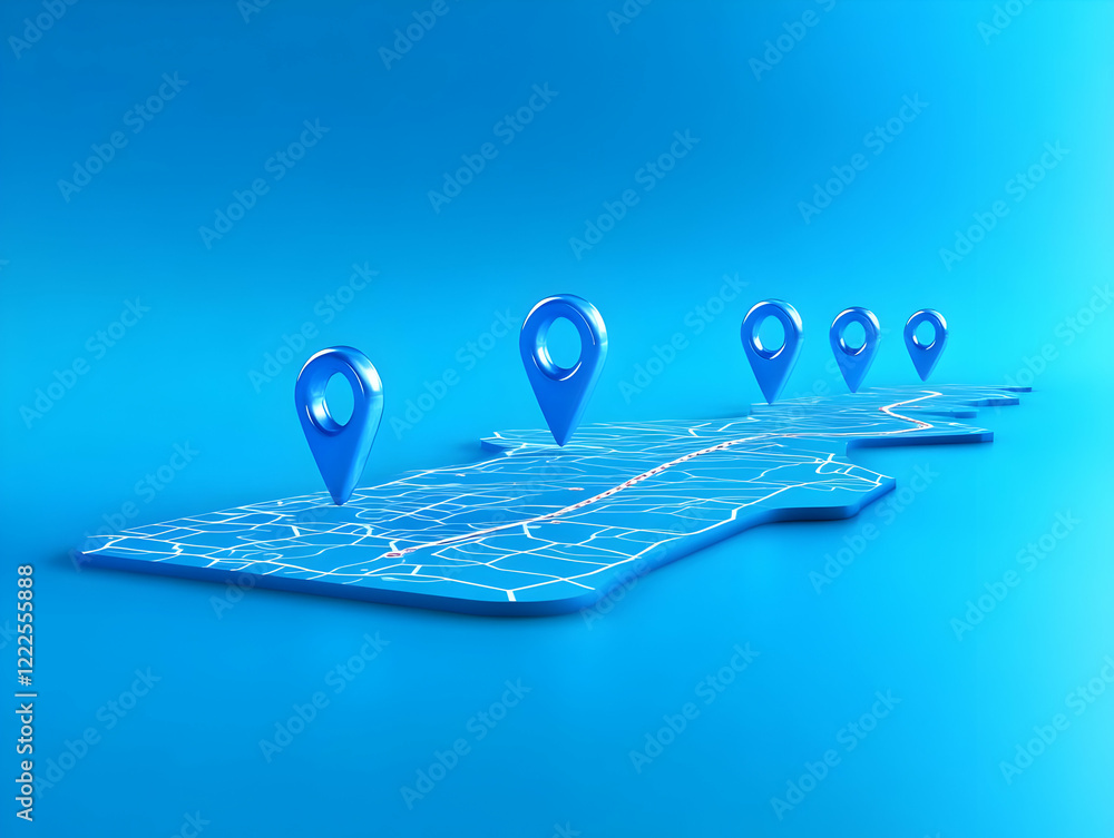 3D Blue Map with Location Pins Shows Route on a Bright Blue Background ...