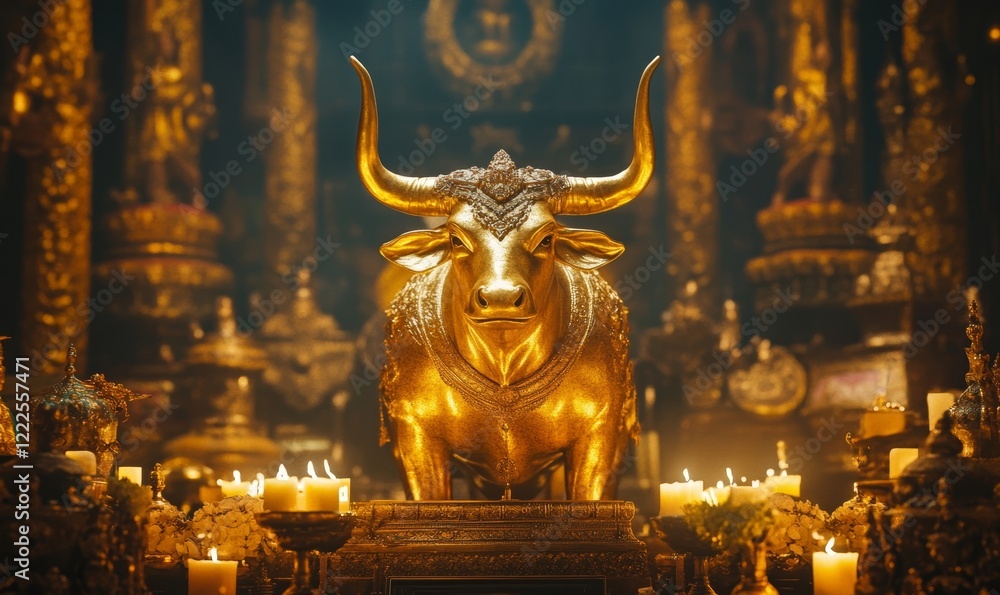 Golden Calf Idol Worship Scene with Ornate Religious Artifacts and ...