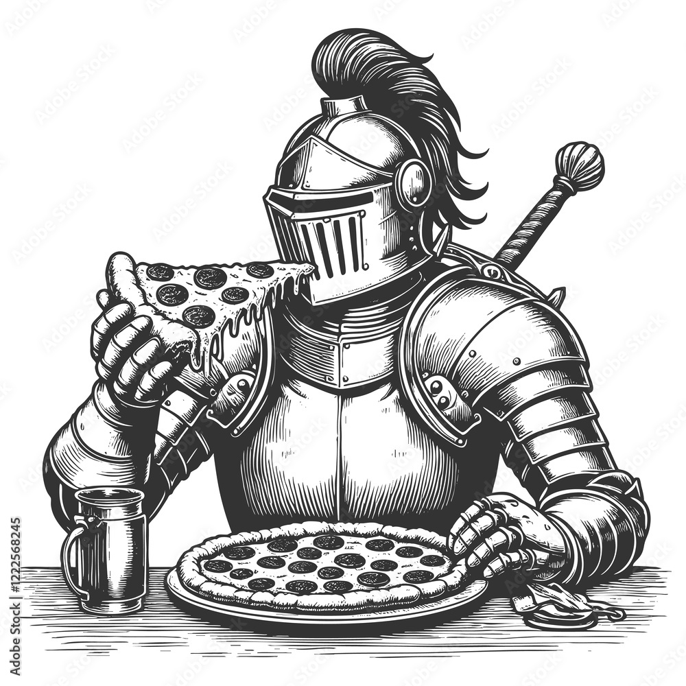 Stock-Illustration „medieval knight in full armor enjoying pizza slice ...