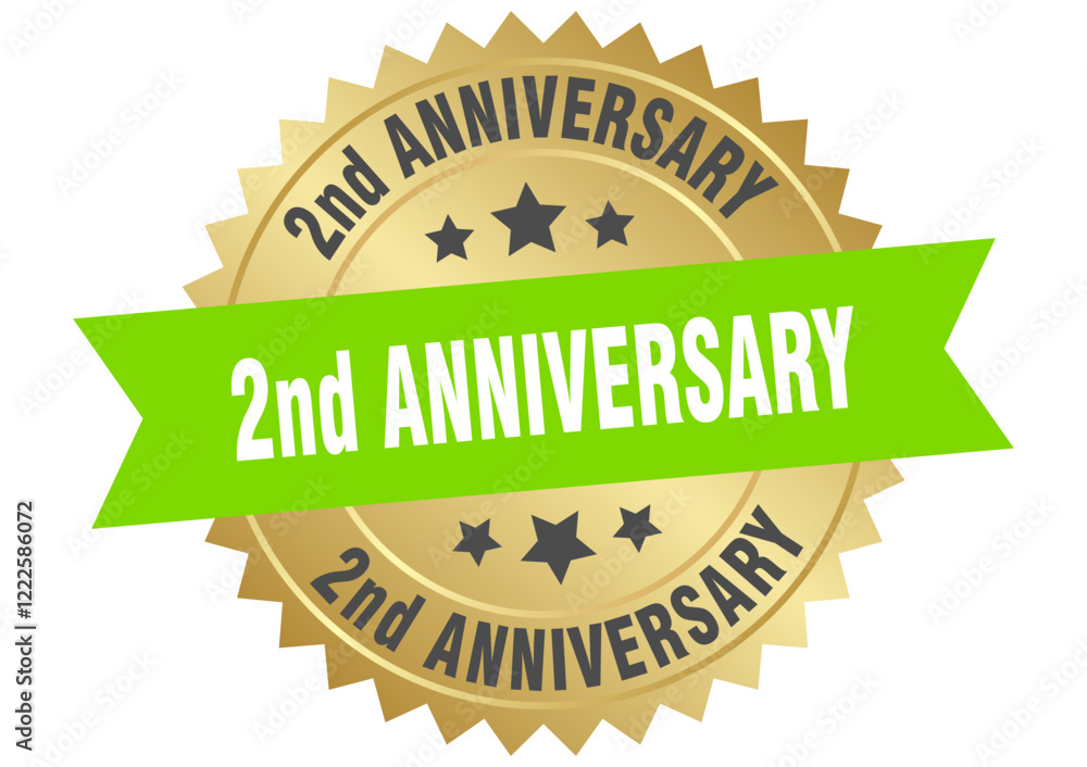 2nd anniversary. 2nd anniversary round green and gold label isolated on ...