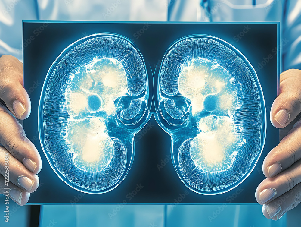 Doctor Holds X-ray Image Showing Detailed Internal Structure of Kidneys ...