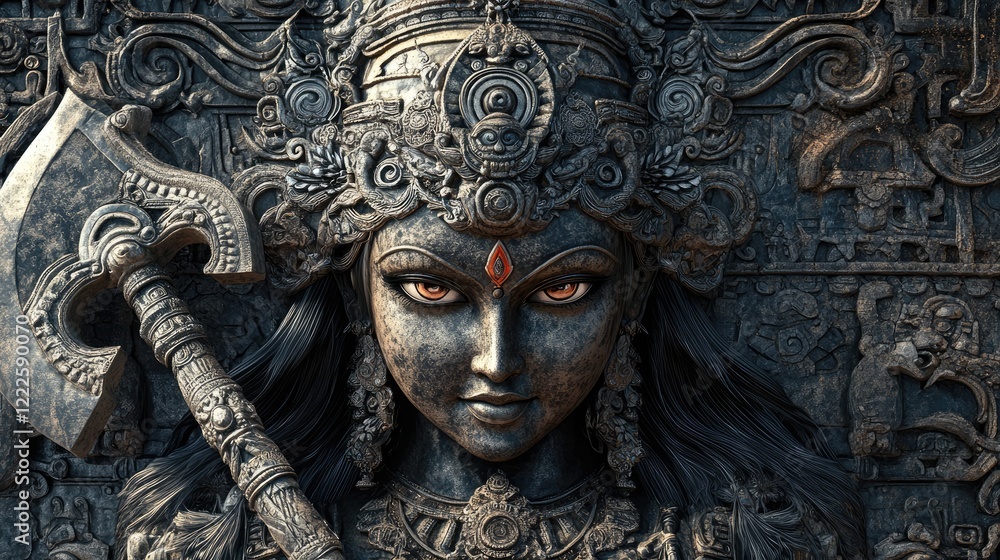 Goddess Durga Face in Hindu Temple, 3D rendering, Mayan deity Mayan ...
