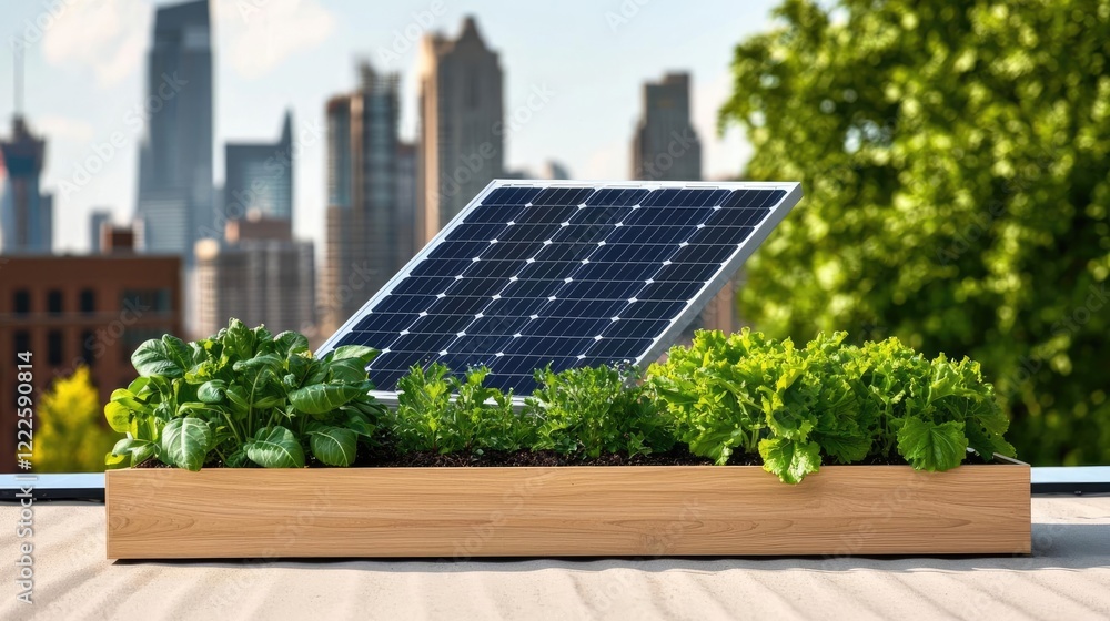 Eco-Friendly living concept. Urban garden with solar panel and fresh ...