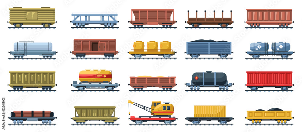 Freight train. Railroad locomotive transport and rail cargo carriages ...