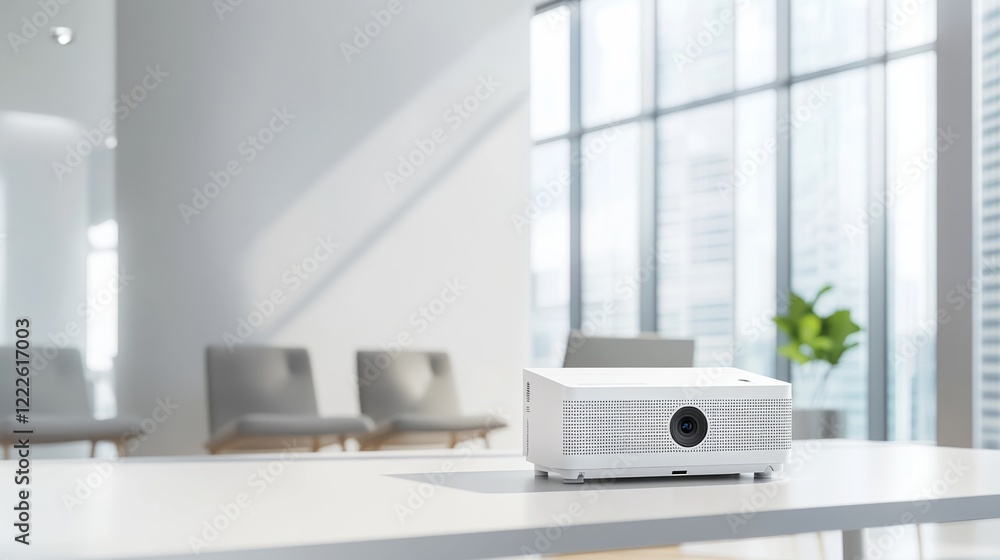 A cutting-edge smart projector with a sleek, modern design in a clean ...