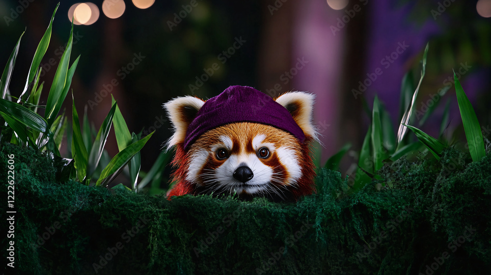 red panda peeks out from behind lush green foliage, wearing purple hat ...