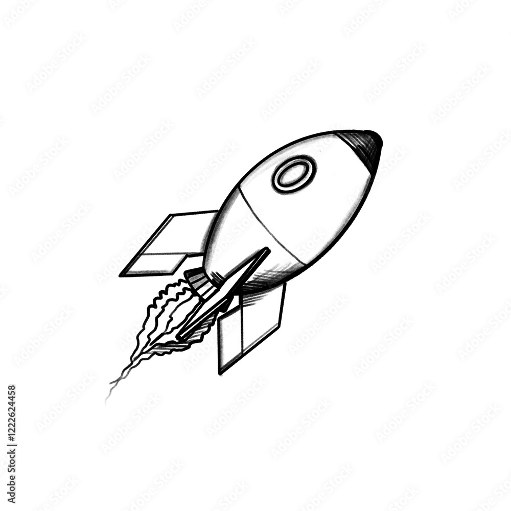 Rocket, hand-drawn pencil drawing, illustration, black, transparent ...