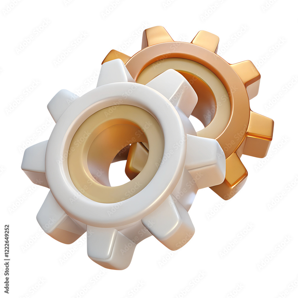 3d illustration of two white and gold gear wheels at white background ...