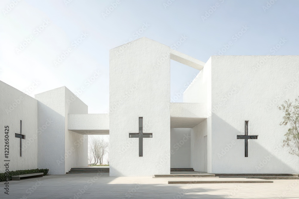 A modern chapel with plain white walls, simple cross-shaped windows ...