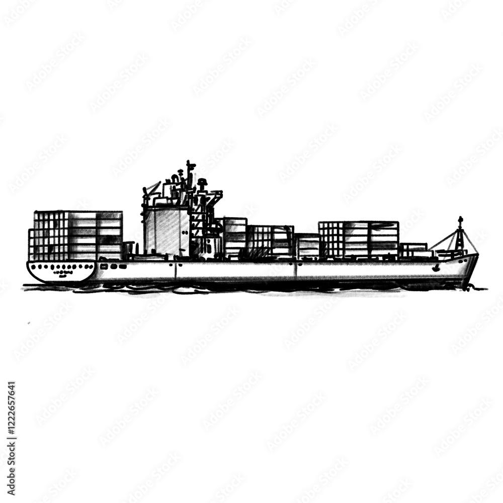 Container ship, Cargo, hand-drawn pencil drawing, illustration, black ...