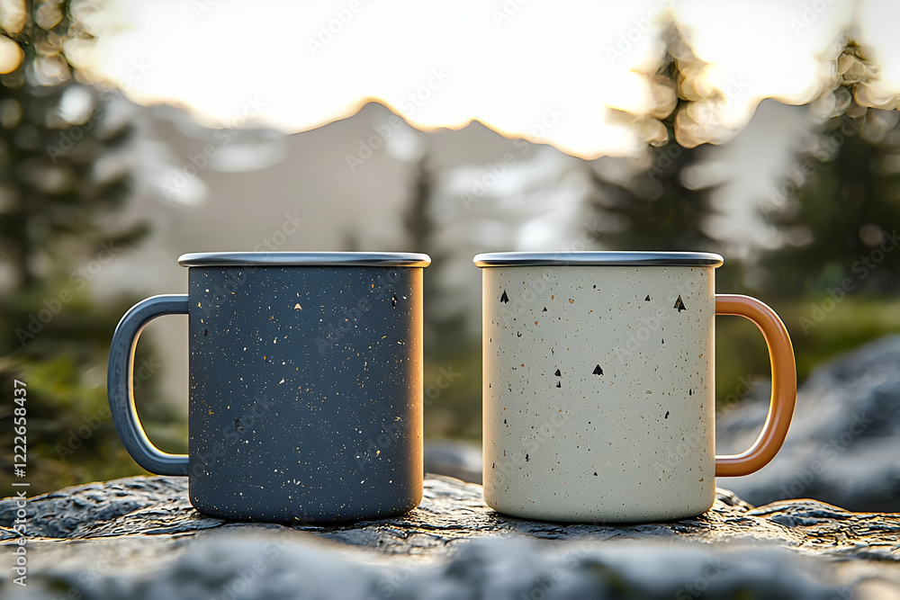 Two camping mugs mockup, placed side by side with a scenic outdoor ...