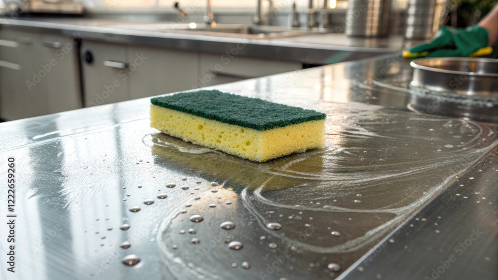 scrubbing pad cleaning oil stains from shiny metal surface in kitchen ...