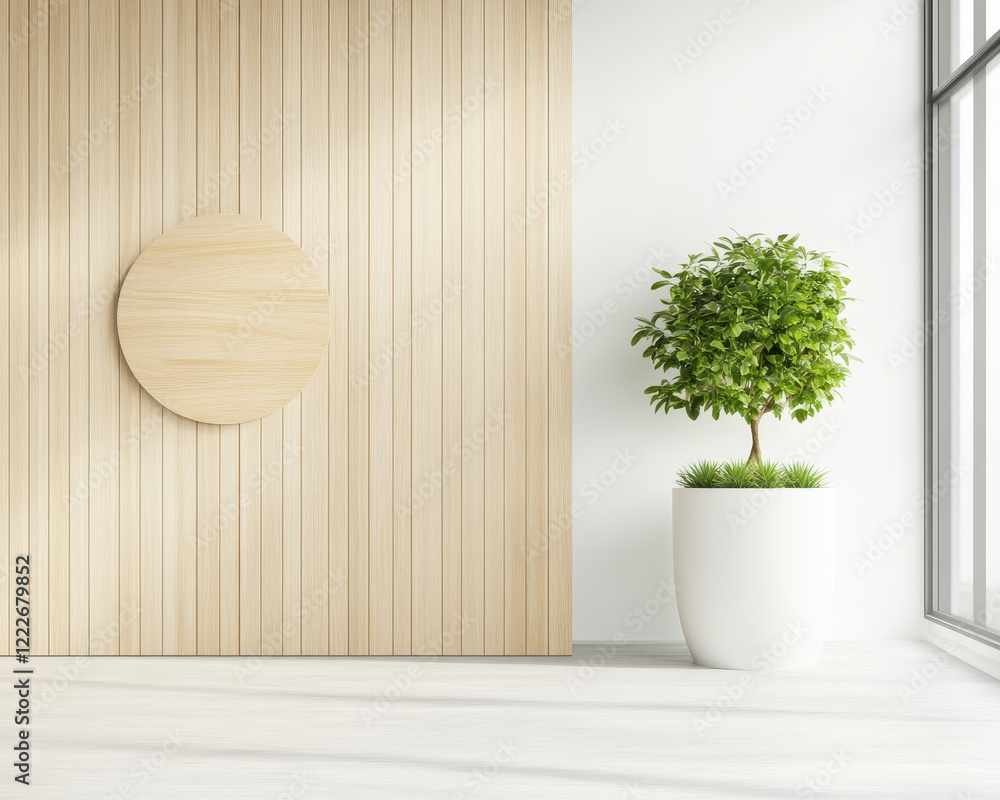 Modern office reception area with sleek wooden wall and potted plant ...