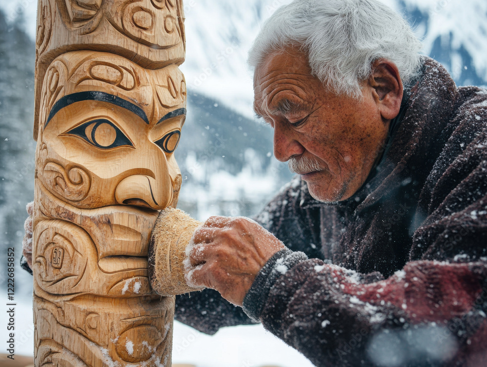 Elderly craftsman carving a traditional totem pole, a cultural symbol ...